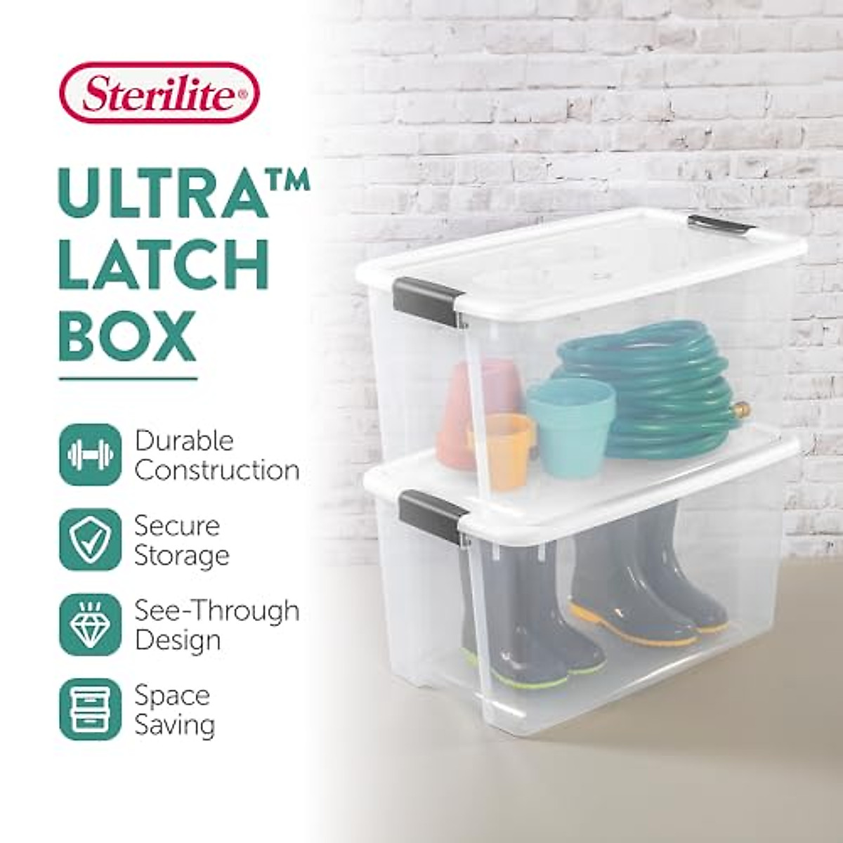 Sterilite 70 Qt Ultra Latch Box, Stackable Storage Bin with Latching Lid, Organize Clothes, Sport Gear in Basement, Clear with White Lid, 16-Pack