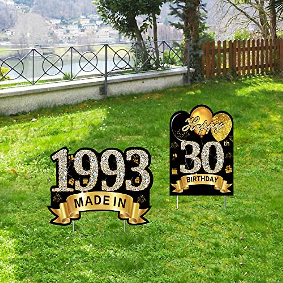 2Pcs Black Gold 30th Birthday Yard Sign Decorations for Men Women, Happy 30 Birthday Made in 1993 Lawn Sign Party Supplies, Thirty Birthday Outdoor Lawn Decor with Stakes