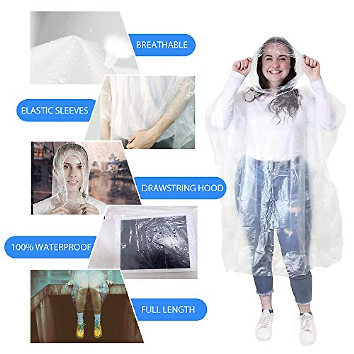 Disposable Rain Ponchos for Adult, Waterproof Plastic and Drawstring Hood, Clear (20 Pack)