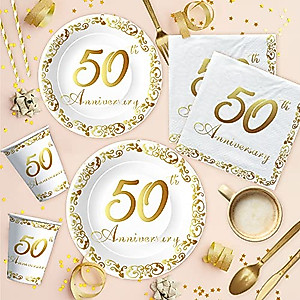 APOWBLS 50th Anniversary Decorations And Supplies Tableware - Golden 50th Wedding Anniversary Decorations, Plate, Cup, Napkin, Tablecloth, Cutlery, Straw, 50 Year Anniversary Party Supplies | Serve 24