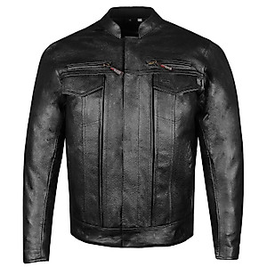 Men's Commuter Premium Natural Buffalo Leather Motorcycle Jacket CE Armor Conceal Carry Gun Pockets Cruiser Biker Black XL