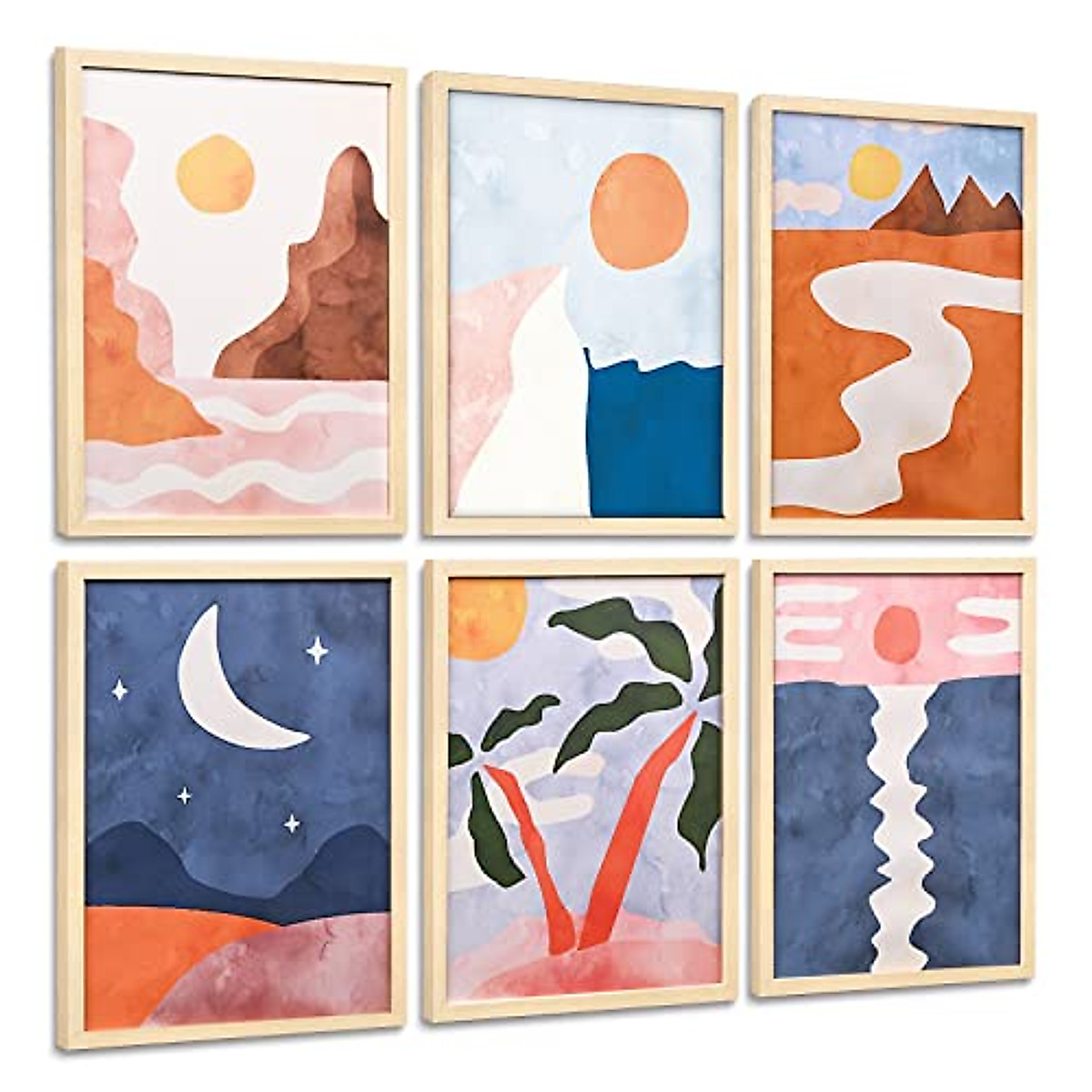 ArtbyHannah 8x10 Boho Framed Wall Art Set of 6 with Mid-Century Bohemian Motifs for Home Gallery Wall Art Decor