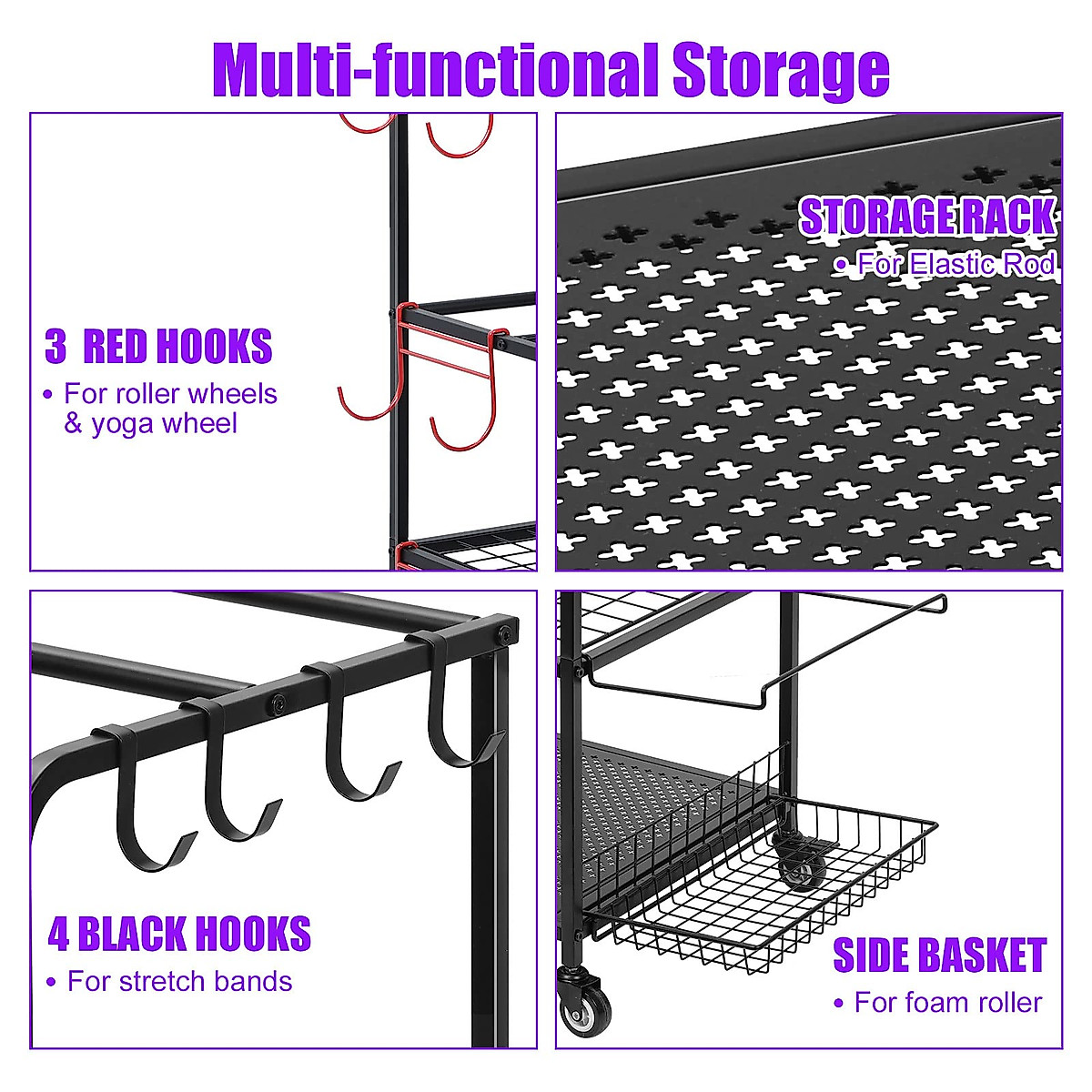 Home Gym Storage Rack, Yoga Mat Storage Racks Workout Storage Weight Rack for Dumbbells Kettlebells Foam Rollers Yoga Strap Resistance Bands, Fitness Equipment with Hooks and Wheels