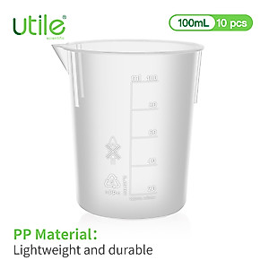 Utile 10 Pcs Plastic Beaker Set with spout of Vol.100ml, Plastic Measuring Beaker For Lab Science with Molded Graduations, 4081.0100.10