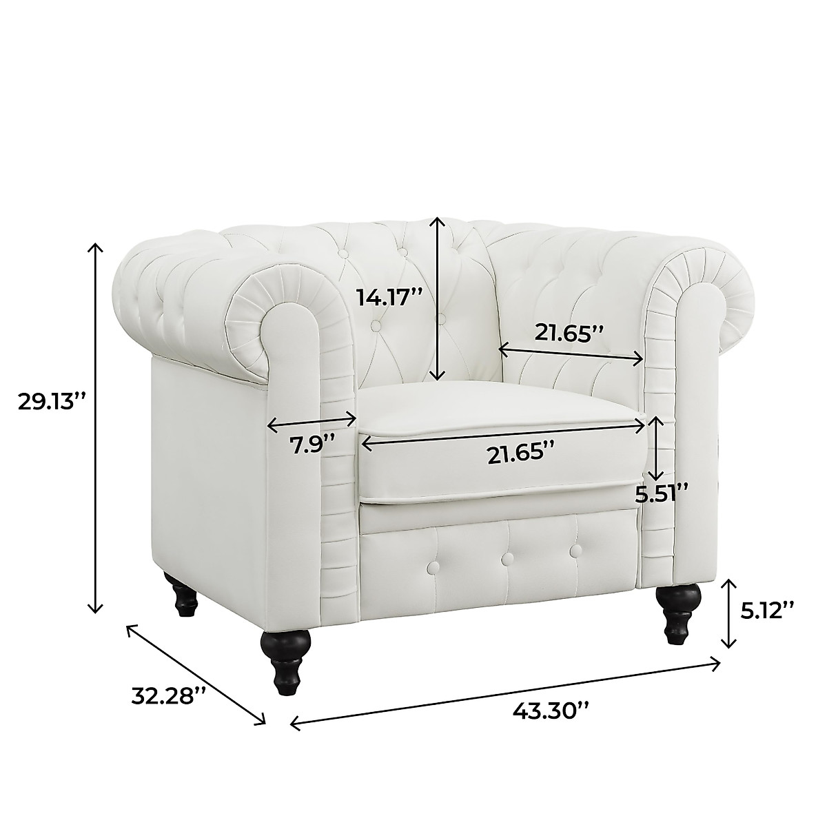 Naomi Home Emery Chesterfield Single Sofa Chair for Living Room, Mid Century Chair with Rolled Arms, Tufted Cushion, Solid Wooden Legs Reading Chairs for Bedroom Comfy Tool-free Assembly – White