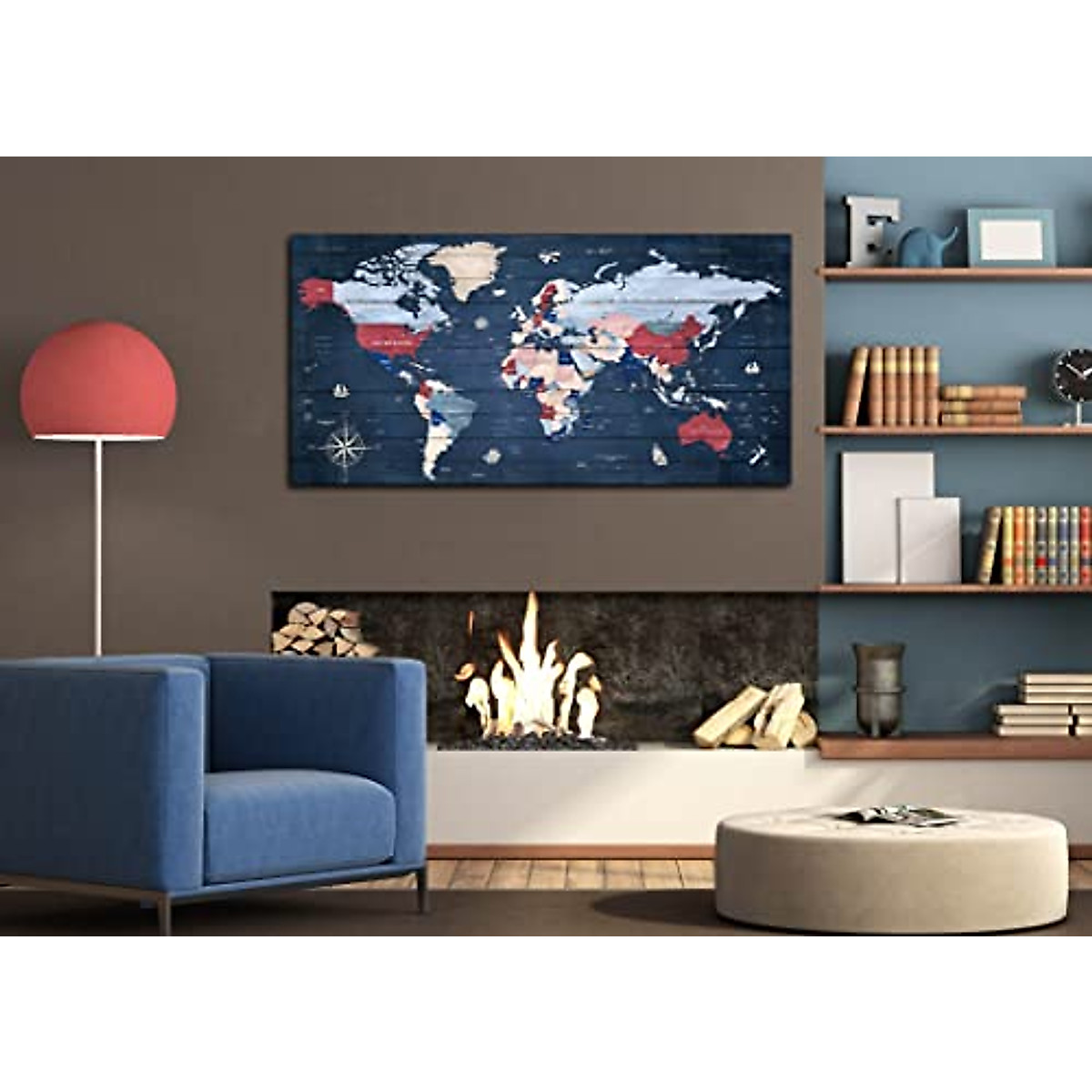 Blue World Map Wall-Art For Office - Large World Maps For Wall - Canvas Wall Art Stretched and Framed Ready to Hang Size 40" x 20"