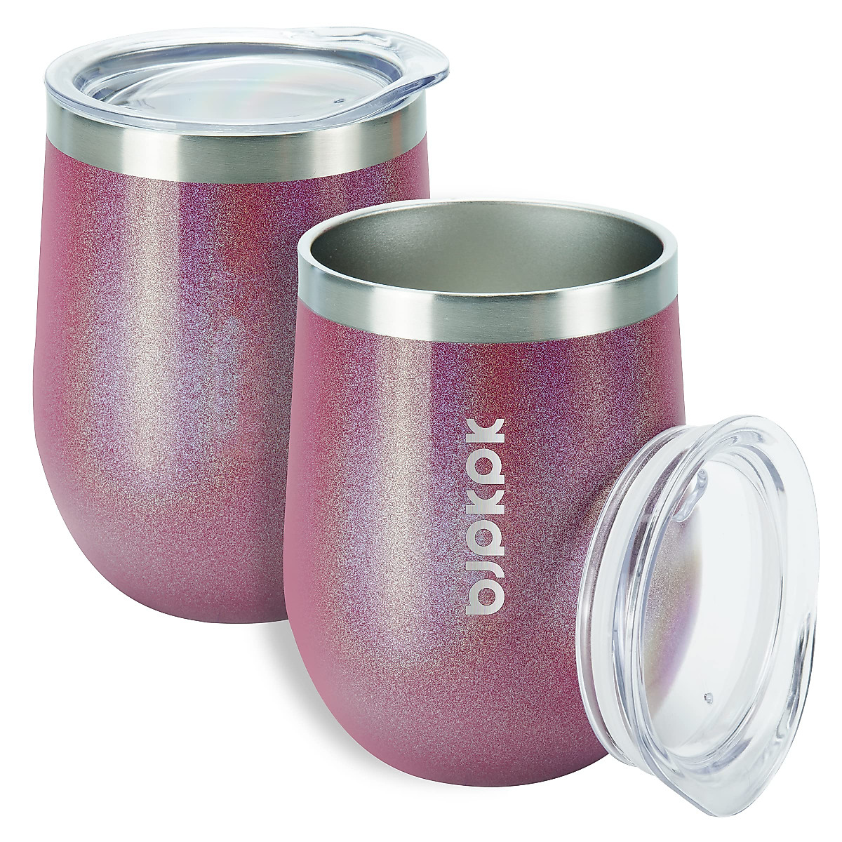 BJPKPK 2 pcs 12oz Insulated Wine Tumblers, 12oz Double Wall Vacuum Coffee Mugs with Lid, Unbreakable Stainless Steel Wine Glasses, Insulated Coffee Cups for Home & Outdoor, Shimmer-Rose Red