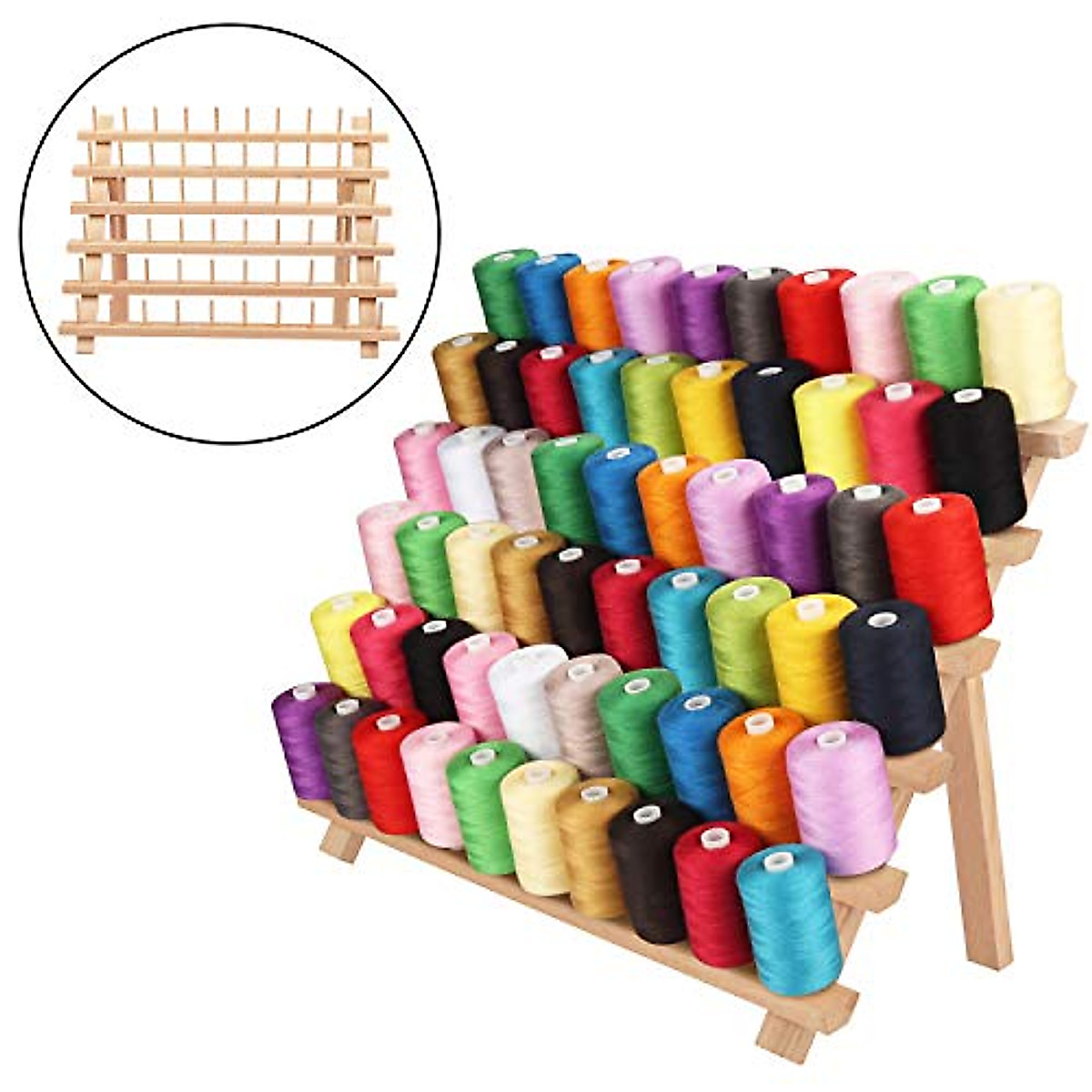 Kurtzy 60 Spool Wooden Thread Rack Holder - Thread Organiser Stand with Wall Hanging Hooks - Standing or Wall Mounted - Beech Wood Sewing Spool Holder for Embroidery, Quilting and Sewing Threads