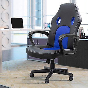Furmax Blue Leather Office Chair with Adjustable Swivel Base, Padded Armrests and Lumbar Support