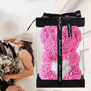 U UQUI Rose Bear Gifts for Her, Flower Bear Rose Teddy Bear with Box Lights Necklace Balloon Card, Cute Romantic I Love You Anniversary Birthday Gifts & Decorations