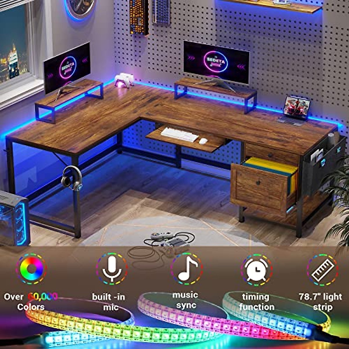 SEDETA 69" L Shaped Gaming Desk, Convertible L Office Desk to Long Computer Desk, Gaming Desk with LED Lights, Corner Desk with File Drawers & Keyboard Tray for Home Office, Rustic Brown