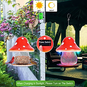 Red Mushroom Solar Bird Feeders - Outdoors Hanging Bird Feeders, Metal Wild Bird Feeder Made of Stainless Steel for Cardinals Bird Seed Feeder Large Capacity birdfeeders is Gift for Mother.