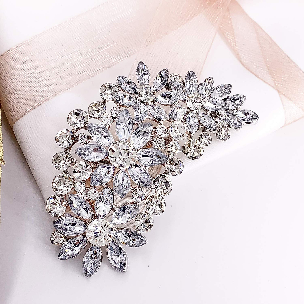 LAXPICOL Vintage Clear Austrian Crystal Flower Leaf Bouquet Clusters Large Big Brooch Pin for Women Wedding Broach