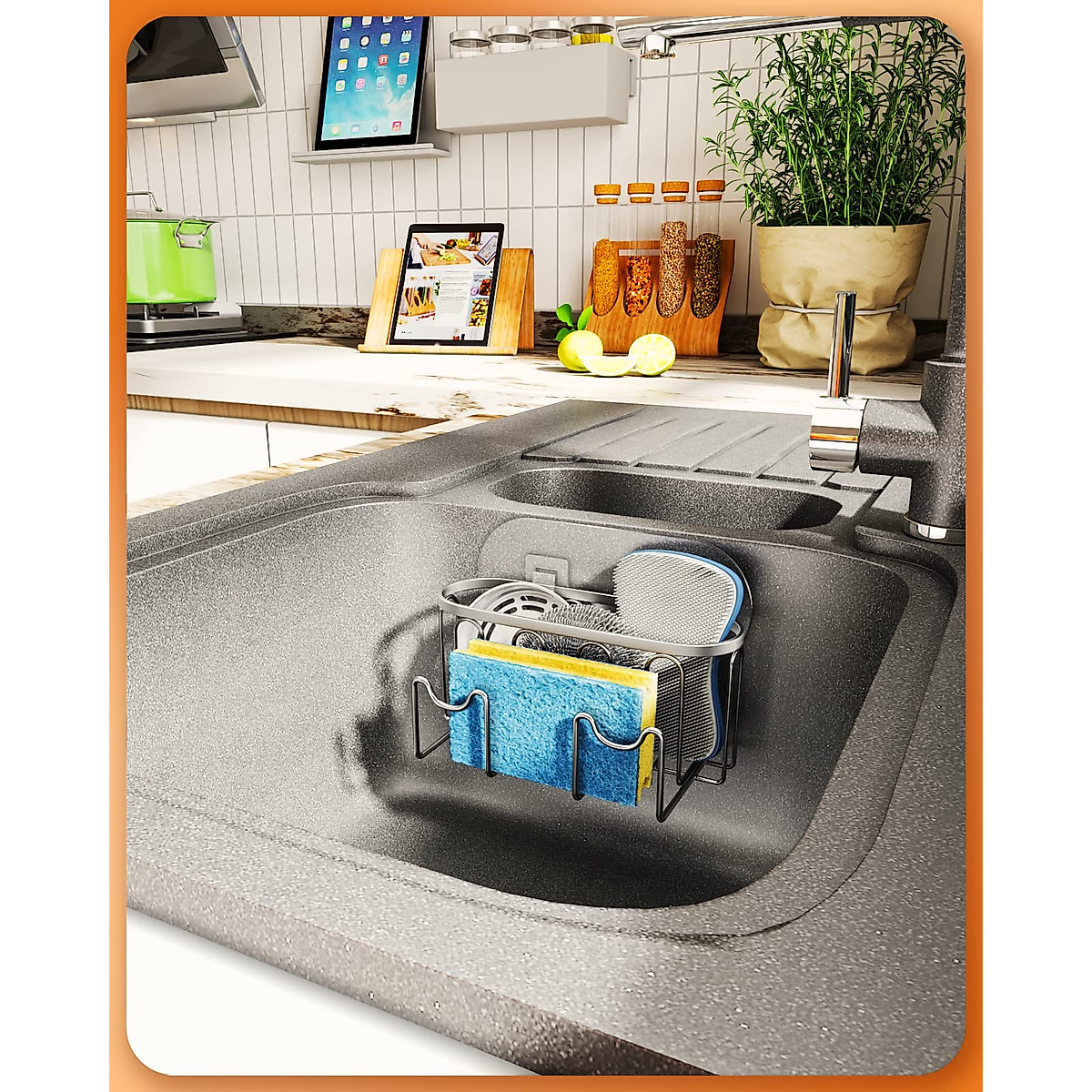 SWTYMIKI Sink Sponge Holder With Double Hook, Stainless Steel Sink Caddy Kitchen Sink Organizer Multifunctional Rustproof Kitchen Sponge Holder for Kitchen Sink Accessories, Silver