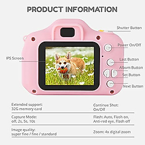 Kids Camera for Girls and Boys, Mini Portable 2.0 inch IPS Color Screen Children Digital Camera, Children Digital HD Cameras 1080P with 32GB TF Card(Pink)
