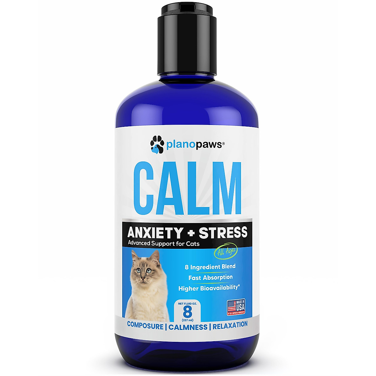 Cat Anxiety Relief 90 Day Supply - Faster Absorption Than Cat Calming Treats - Cat Calming Products for All Ages - Liquid Calming Cat Treats for Sleep Aid - 8 Ingredient Blend + Cat Melatonin