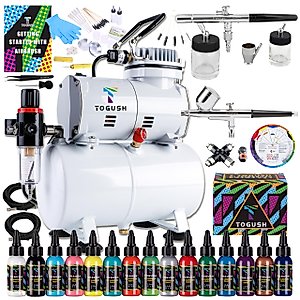 T TOGUSH Airbrush Compressor with Tank Gravity Airbrush And Siphon Airbrush with 15 Color Acrylic Paint Set Airbrush Compressor Set for Model Coloring Hobby Craft DIY Painting