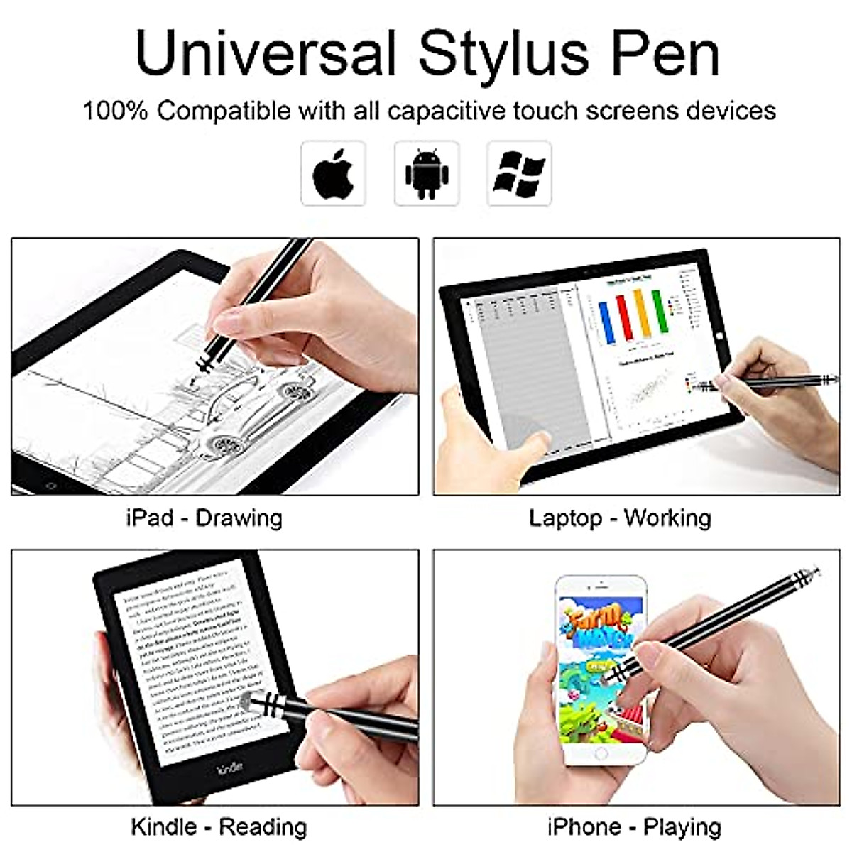Modern Stylus Pens for Touch Screens Fine Point, 100% Stainless-Steel Fine Tip Stylus Pen, Stylist Pen for iPad, iPhone, Tablet, Laptop, Android, Samsung, Kindle with 7 Replacement Tips (Black/Blue)