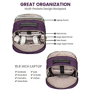 LOVEVOOK Laptop Backpack Purse for Women, Work Travel Computer Bags, College School Backpack for Student Girl, Quilted Casual Daypack with USB Port, Fit 15.6 Inch Laptop, Deep Plum