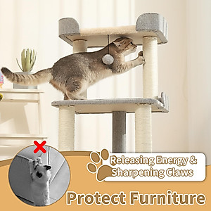 Durable Cat Scratching Post with Bed, Multi-Level 27.56in Cat Tree with Scratching Posts of Natural Sisal, All-Season Cat Tree for Indoor Large Cats, Kittens (Grey)