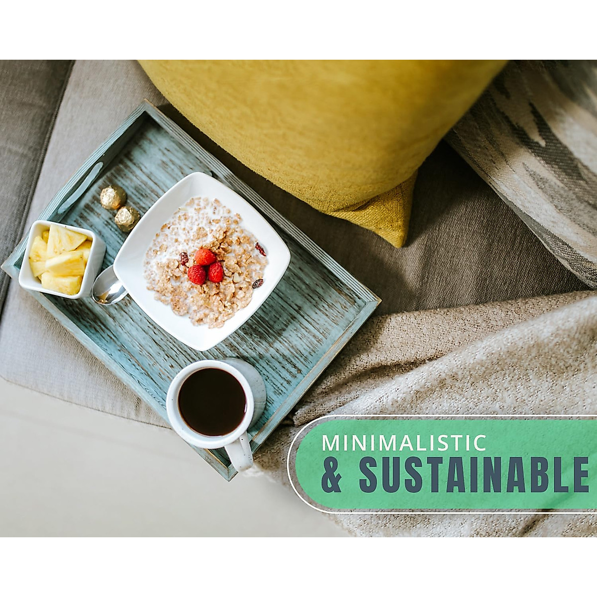 Serving Trays Set of 3 - Ottoman Wood Trays for Entertainment, Food and Décor - Rustic Farmhouse Distressed Wood Finish - Rustic Blue