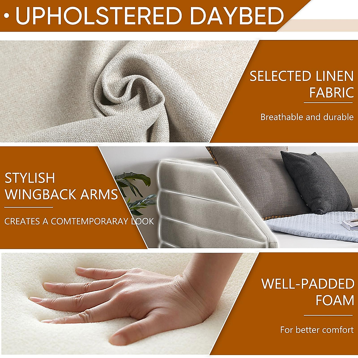 Twin Daybed with Storage Drawers, Upholstered Twin Size Daybed Frame, Modern Sofa Day Bed Frame with Curved Armrests, Linen Fabric Bedroom Furniture Bedframe, No Box Spring Needed (Twin, Beige)