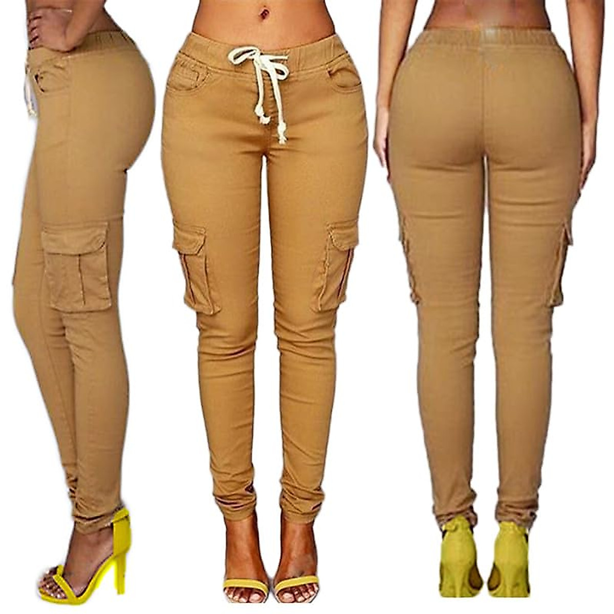 Andongnywell Womens Casual Stretch Drawstring Skinny Pants Cargo Jogger Pants High Waist Tie Butt Lift Pant with Pockets (White,Medium)