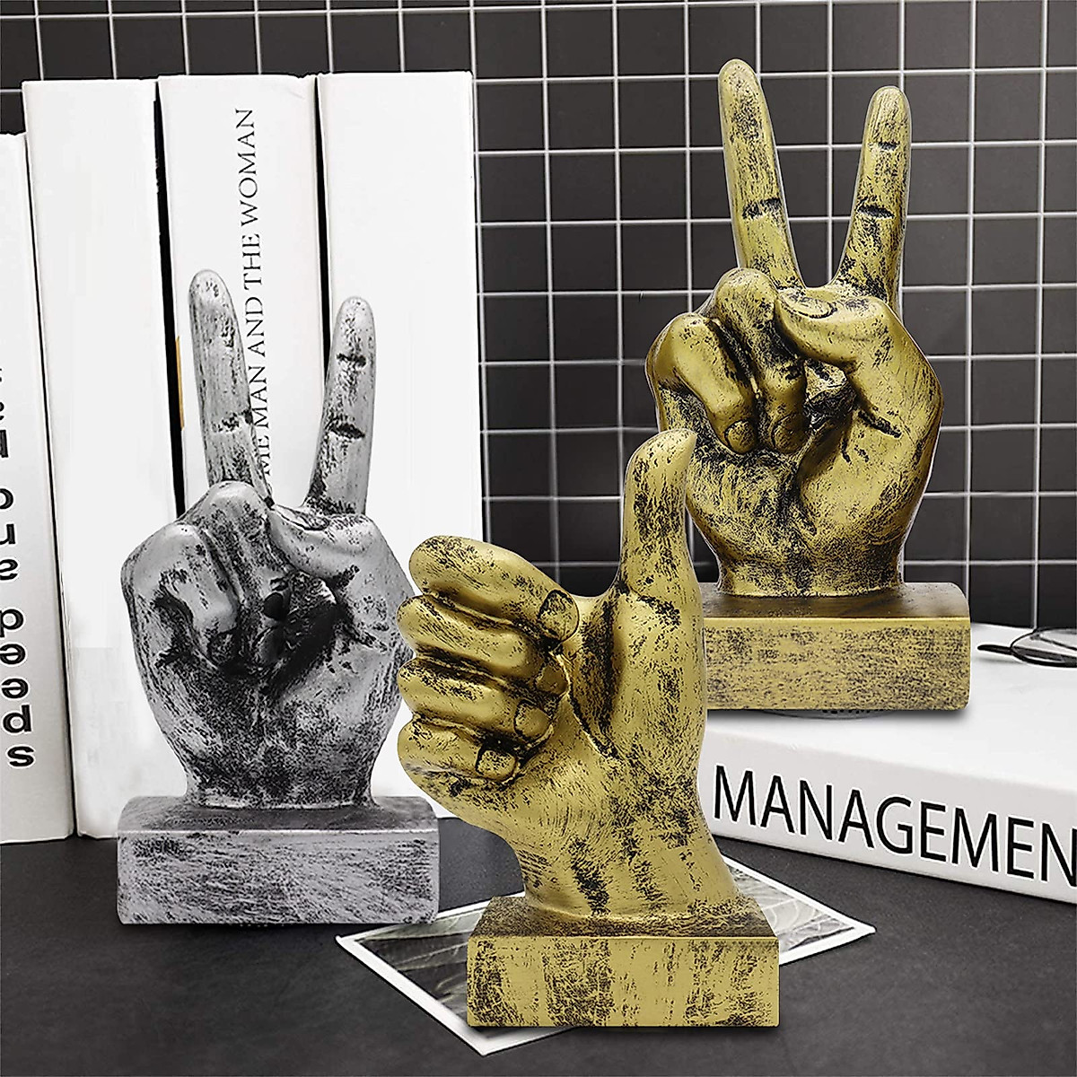 aboxoo Hand Finger Gesture Desk Statues Fingers Sculpture Creative Home Living Room Cabinet Shelf Decoration (OK Gesture in Bronze)