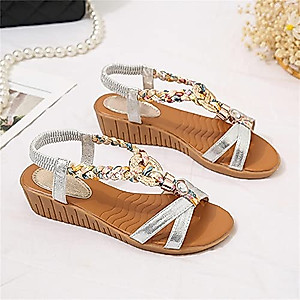 Women's Tan Sandals Ladies Fashion Bohemian Summer Leather Knitted Rhinestone Decoration Slope Heel Sandals (Silver, 8)