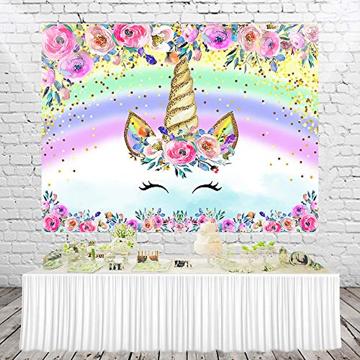 HUAYI 7x5ft Unicorn Party Wall Decorations Rainbow Baby Shower Flowers Birthday Dessert Table Banner Photo Booth phonecall Photography Backdrop Background for Photo Studio w-1769