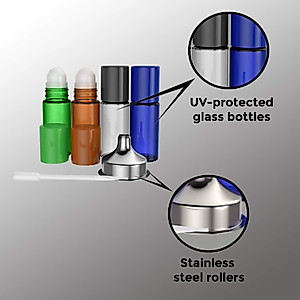 Nylea 4 Pack Essential Oil Roller Bottles [Plastic Roller Ball] FREE Plastic Pippette and Funnel - Refillable Glass Color Roll On for Fragrance Essential Oil - 30ml 1 oz (MIX)