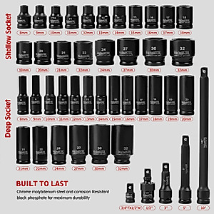 Meiwaltee 1/2" Drive Deep Impact Socket Set, 20PCS Metric10-24mm socket Assortment include 3'' 5'' 10'' Extension Bar,Cr-MO steel with black phosphate coating