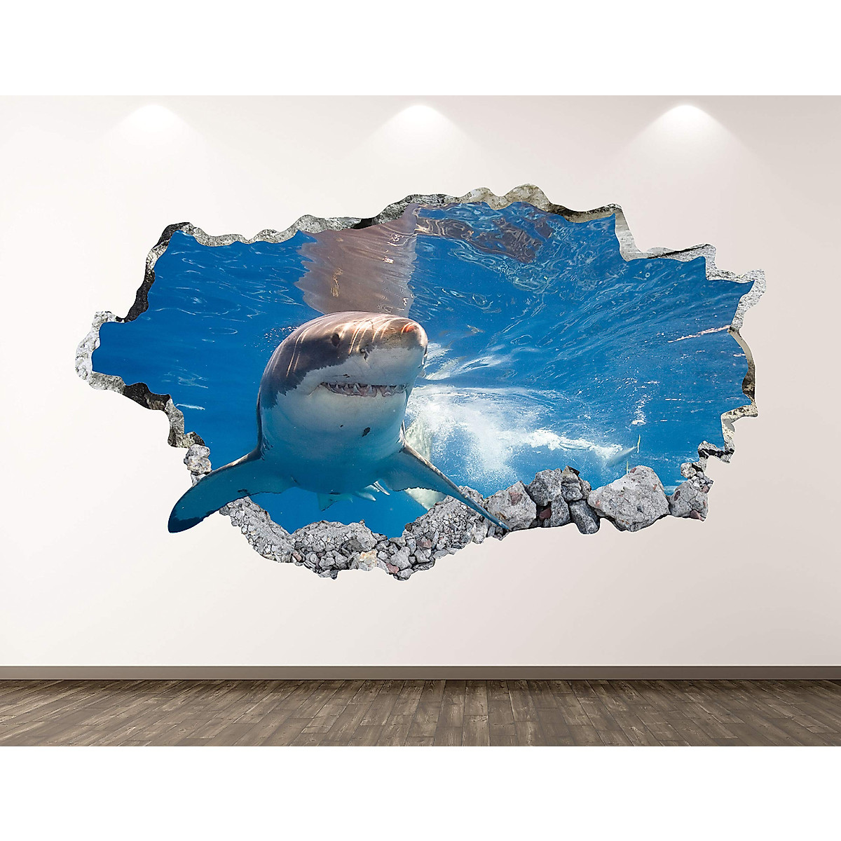 Shark Wall Decal Art Decor 3D Smashed Kids Animal Sticker Mural Boys Custom Gift BL26 (22"W x 14"H)