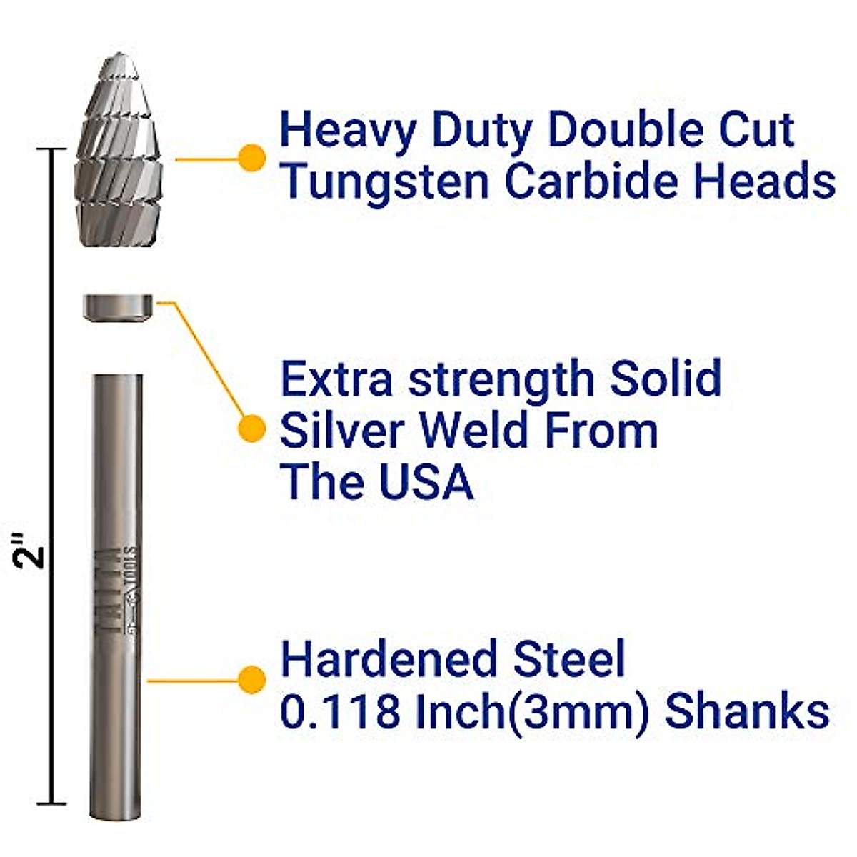 10PC Double Cut Carbide Burr Set 0.118" (3mm) Shank, Rotary Tool Bits Cutting Burrs - Dremel Accessories Fordom, Flex Shaft, Dewalt And Die Grinders - Wood Carving bits Metal Working And Engraving
