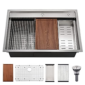 33 inch Drop in Kitchen Sink Splash Guard Workstation - Top Mount Sink 16 Gauge Stainless Steel Large Sink Single Bowl with Cutting Board and Accessories