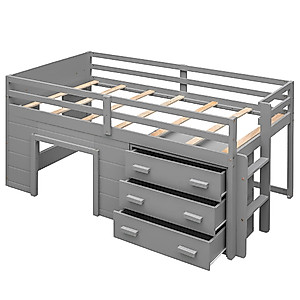 Harper & Bright Designs Low Twin Loft Beds with Storage Drawers, Wooden Twin Loft Bed with Cabinet & Bedside Tray, Kids Twin Loft Bed for Girls & Boys (Twin, Grey)