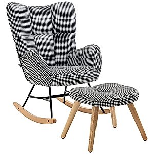 HOMCOM Glider Rocker with Ottoman Set, Houndstooth Nursery Rocking Chair, Upholstered Wingback Armchair for Living Room and Bedroom