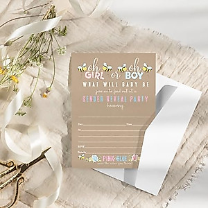 Gender Reveal Invitations with Envelopes, Bee Baby Shower Invites Customize Party Details DIY 5x7 Card Set, 25 Pack