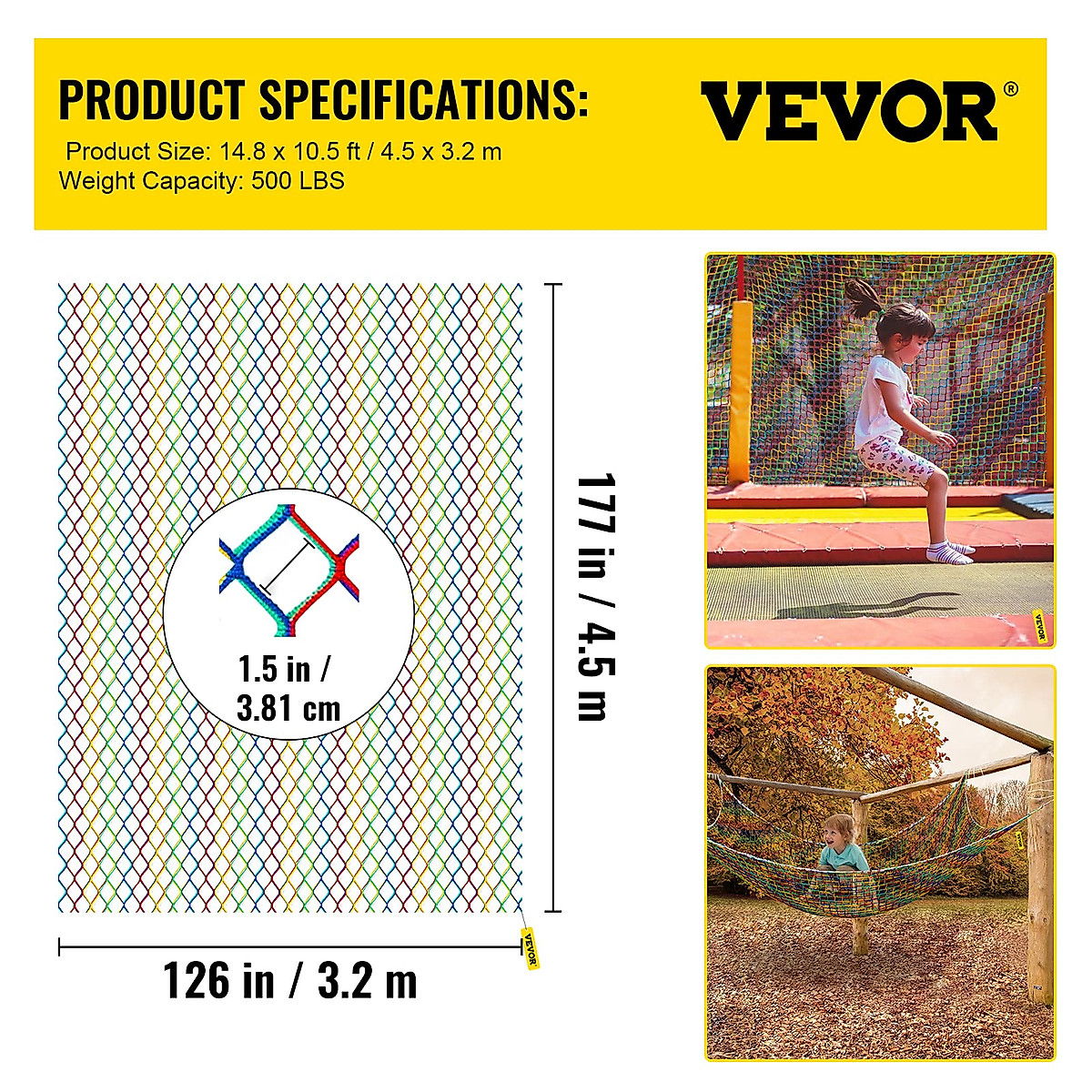 VEVOR Climbing Cargo Net, 14.8 x 10.5 ft Playground Climbing Cargo Net, Polyester Double Layers Cargo Net Climbing Outdoor w/500lbs Weight Capacity, Rope Bridge Net for Tree House, Monkey Bar, Rainbow