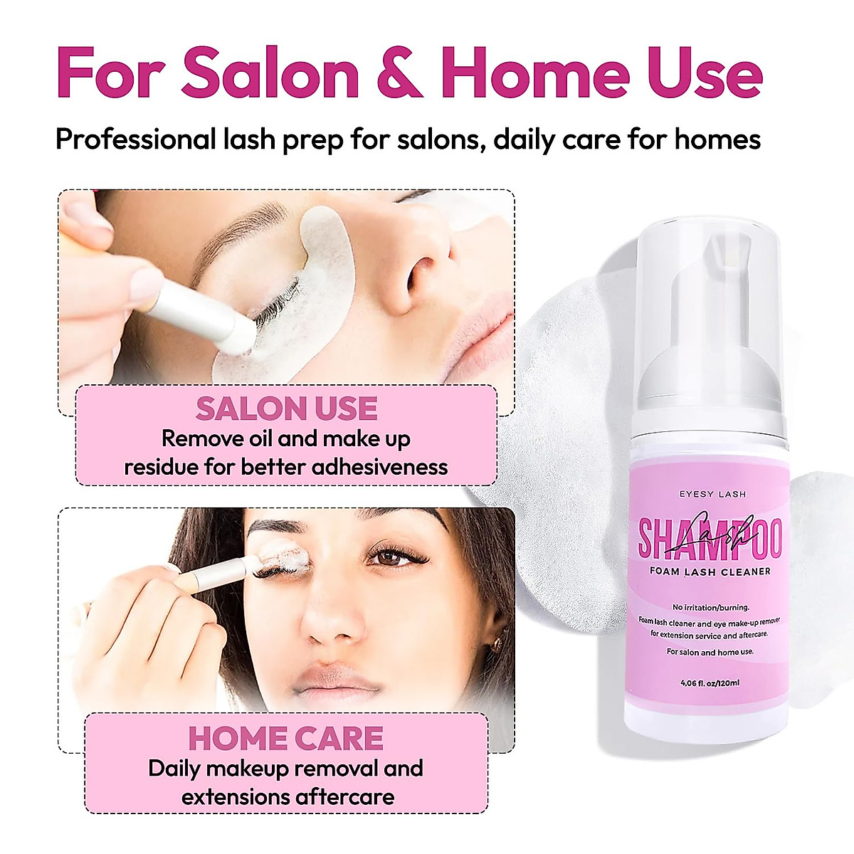 Eyesy Lash LARGE 120ml/4.05 fl.oz Lash Shampoo for Eyelash Extensions Cleanser Oil Free Foaming Soap Lash Bath and Wash | Eyelid Cleanser for Makeup Remover | Salon Use and Home Care