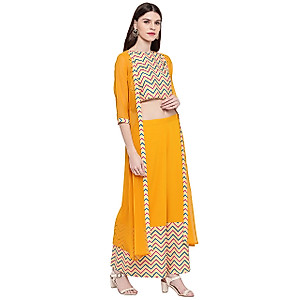 Janasya Indian Women's Yellow Poly Crepe Crop Top with Palazzo and Jacket