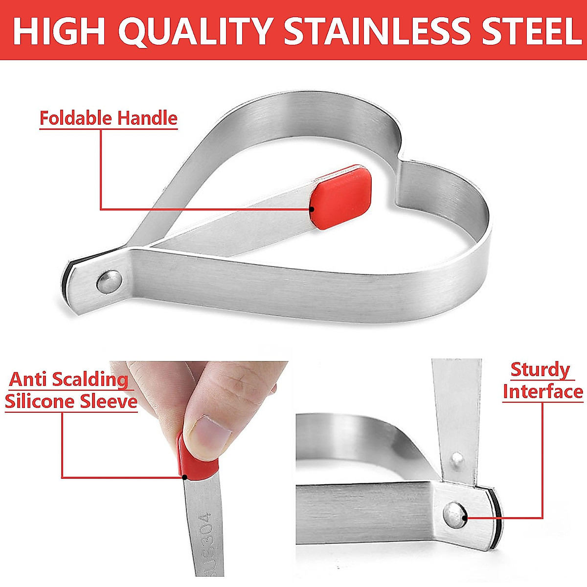 Heart Shaped Pancake Mold Egg Rings Nonstick Stainless Steel Fried Egg Molds With Insulated Handle Heart Pancake Shapes Mold with Oil Brush and Egg Separator for Breakfast Mother's Day Gift