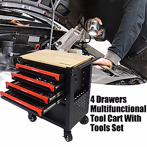 Campfun Rolling Tool Cart with 4-Drawer 266PCS Tool Set, Tool Chest Cart on Wheels, Utility Tool Box with Wooden Top Workbench, Tool Storage Cabinet Organizer for Garage, Workshop, Repair Shop