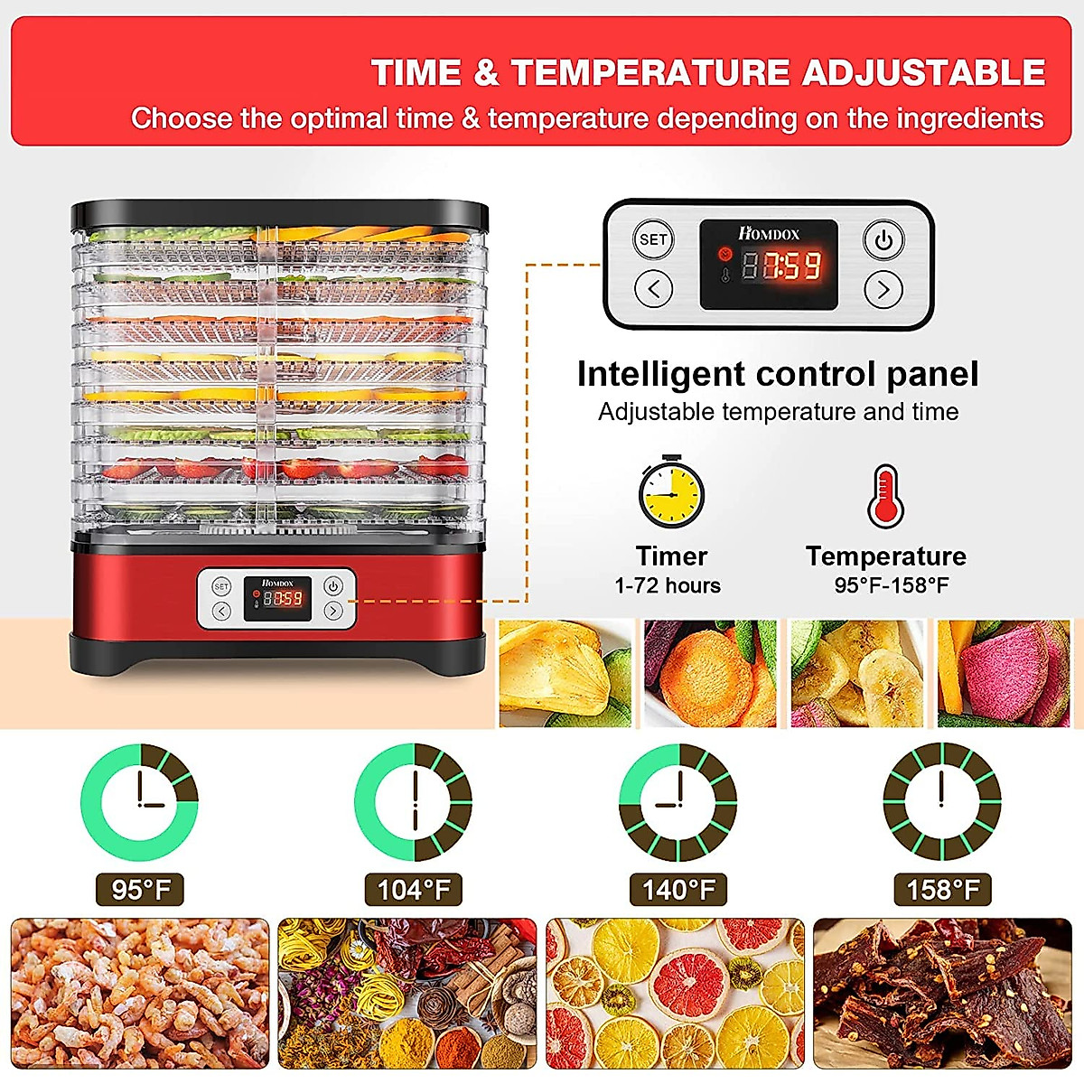 COOCHEER Food Dehydrator Machine, 400W 8 Trays Dehydrators for Food and Jerky with 72H Digital Timer and 95-158℉ Temperature Control, BPA-Free, Fruit Dehydrator Perfect for Meat, Jerky, Herbs, Red
