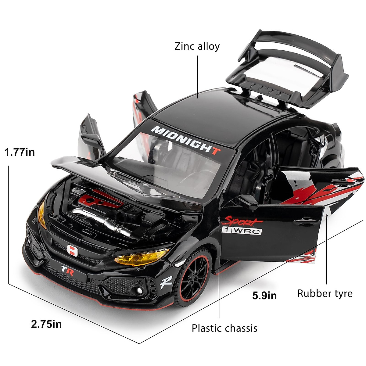 WAKAKAC 1/32 Toy Car for Honda Civic Type-R Diecast Toy Vehicle Metal Pull Back Model Car with Light and Sound for Kids Adults Gift(Black)
