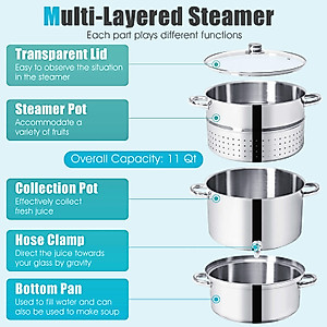 FANTASK 11-Quart Steam Juicer, Pasta Pot with Tempered Glass Lid, Hose, Clamp, Safe Loop Handle, Easy to Use, Stainless Steel Steamer Pot for Cooking Fruit Vegetable, Silver