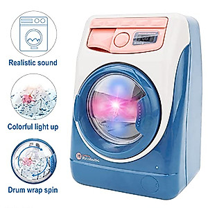 deAO Washing Machine Toy for Kids Dollhouse Furniture Pretend Play Household Appliance Realistic Sounds with Lights Laundry Play Set with Rotatable Roller for Children Birthday Present…