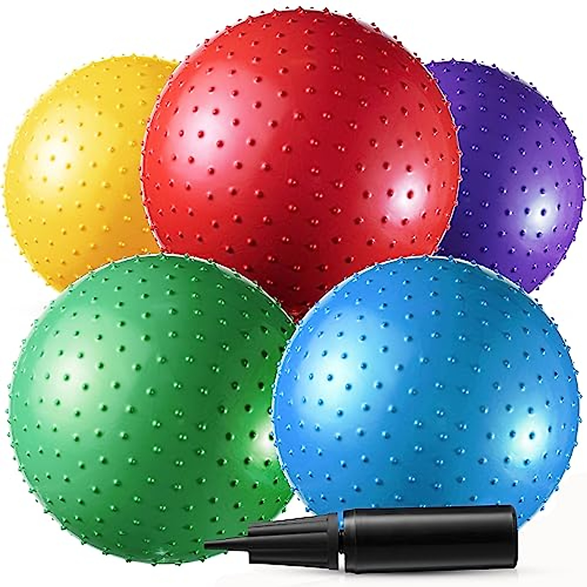 Bedwina Big Knobby Balls - (Pack of 5) 18 Inch Fun Bouncy Balls for Toddlers and Kids – Plus Added Hand Air Pump, Great for Tactile Sensory Balls, Spiky Stress Ball, Fidget Toys, and Party Favors