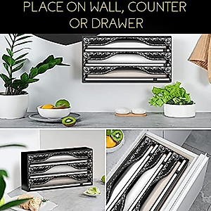 Extra Long Foil and Plastic Wrap Organizer for 15" Rolls, 3 in 1 Plastic Wrap Dispenser with Cutter, Aluminum Foil Organization And Storage, Parchment, Wax Paper Dispenser for Drawer