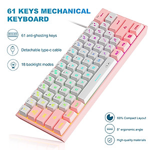 MageGee 60% Wired Gaming Keyboard, RGB Backlit Ultra-Compact Mini Keyboard, Waterproof Mini Compact 61 Keys Keyboard for PC/Mac Gamer, Typist, Travel, Easy to Carry on Business Trip(White Pink)